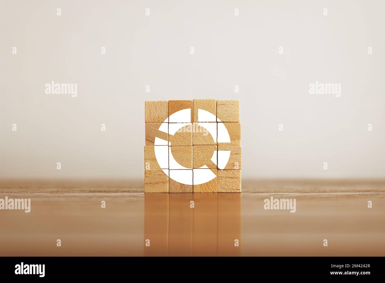 Woods block square with pie chart. Growing and statistics graph ...