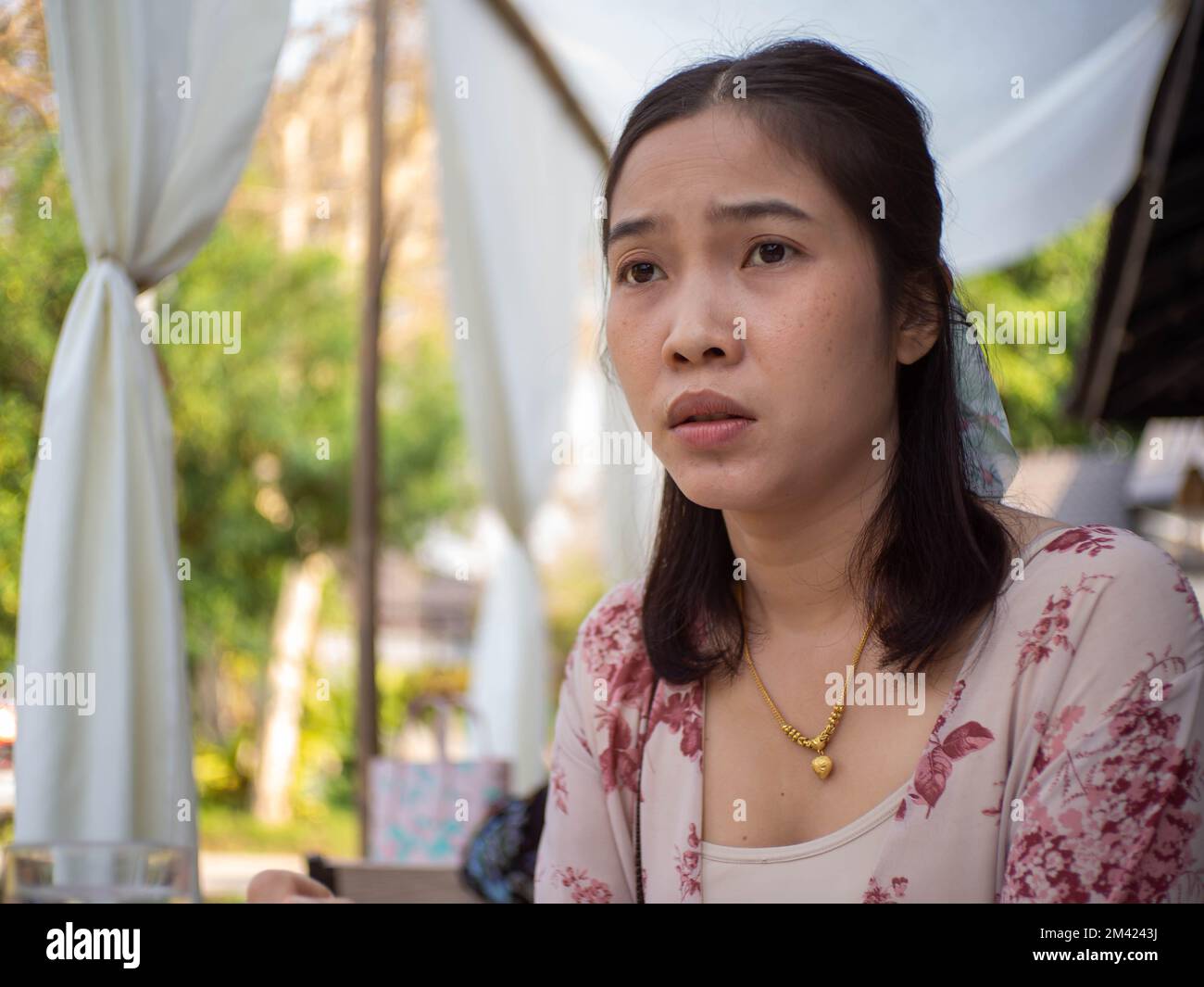 A woman wearing a red dress in a coffee shop atmosphere at coffee shop called "Nature Park ...