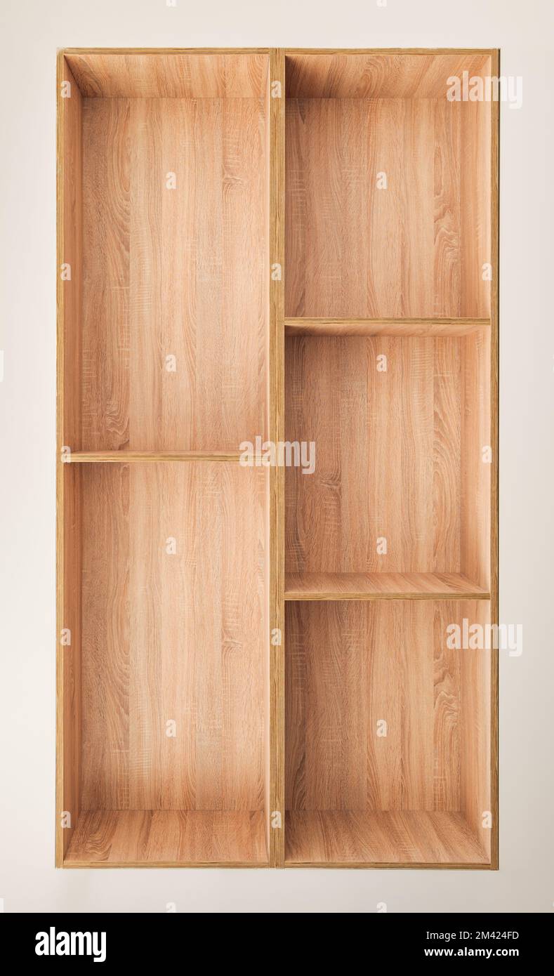 Rack with shelves made of light wood against white background. Sturdy ...