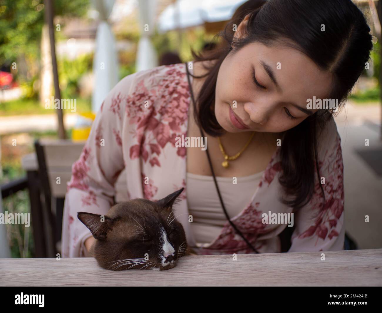 A woman wearing a red dress is playing with an brown cat at Coffee shop called "Nature Park ...