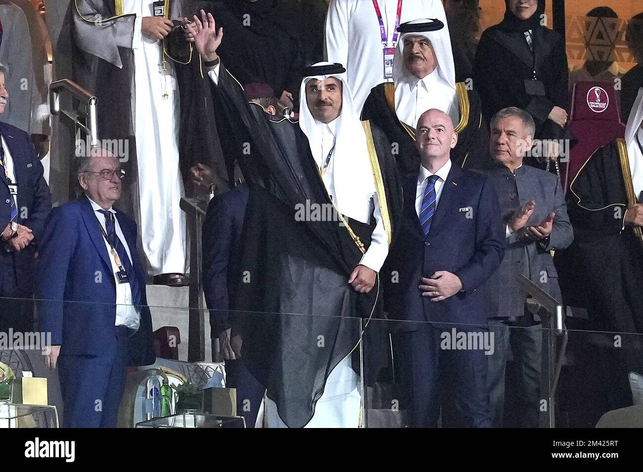 The Emir of Qatar Sheikh Tamim bin Hamad Al Thani (left) with FIFA president Gianni Infantino ...