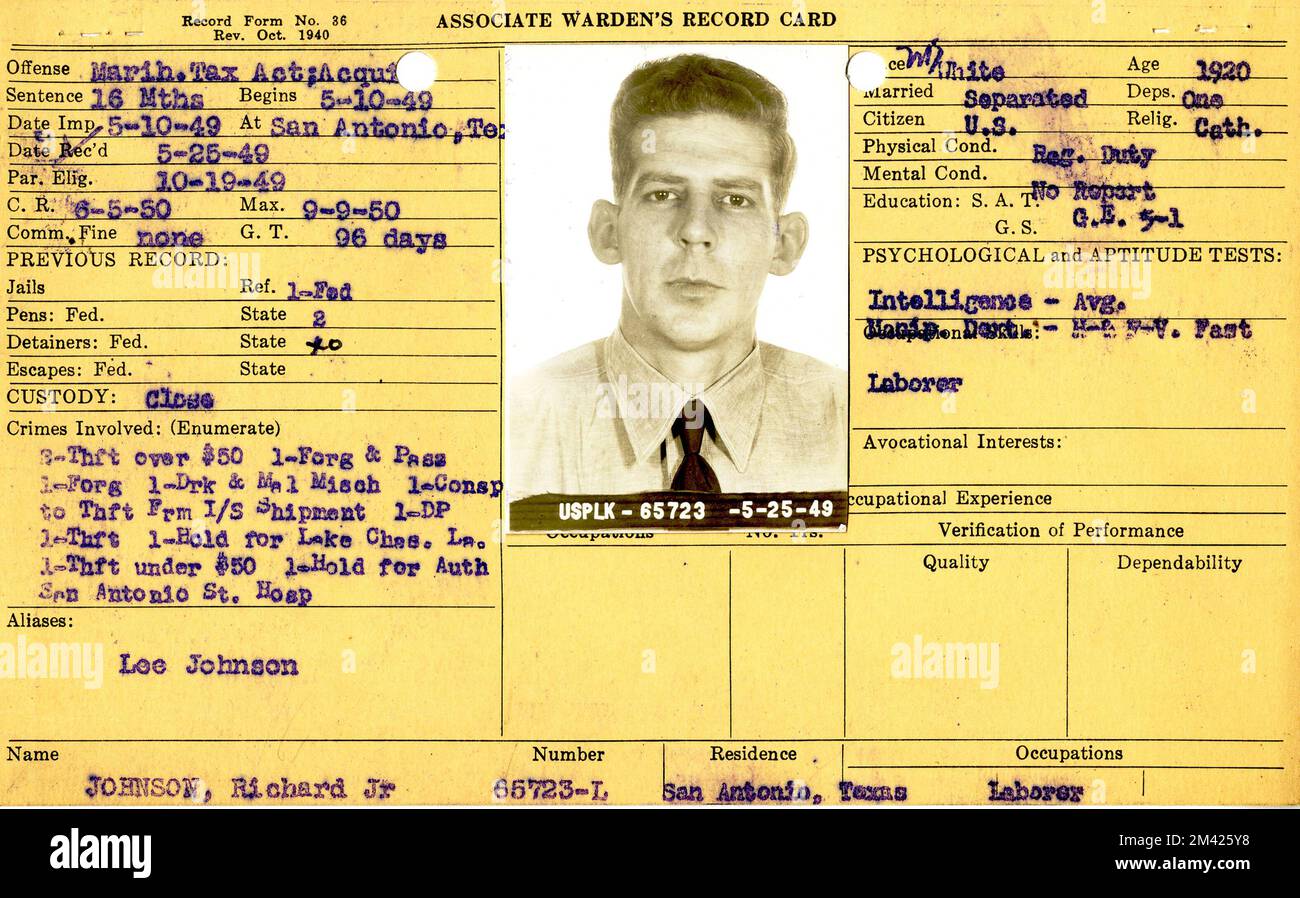 Associate Warden's Record Card of Richard Johnson, Jr.. Bureau of ...