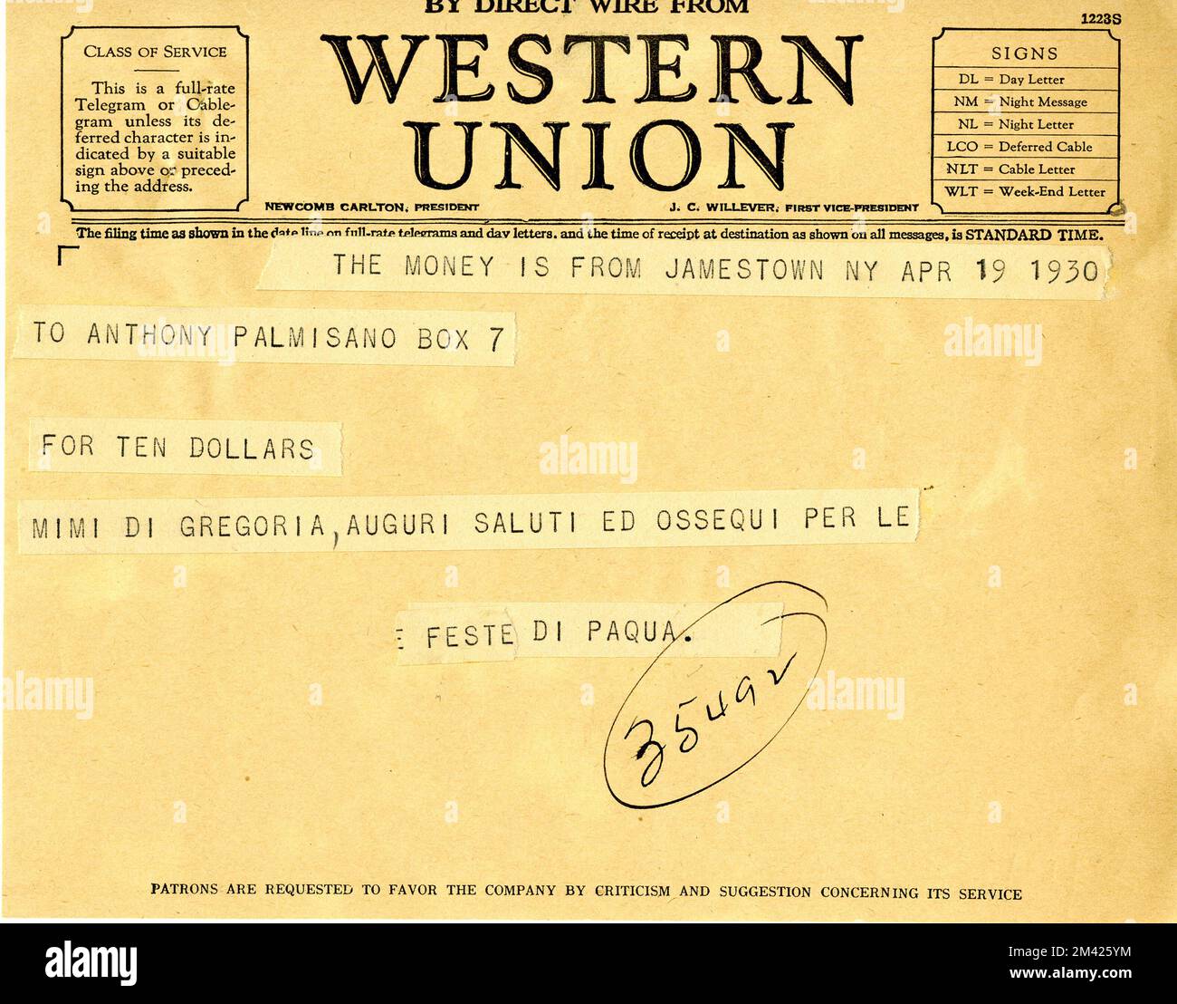 Telegram to Anthony Palmisano from Mimi Di Gregoria. Bureau of Prisons ...