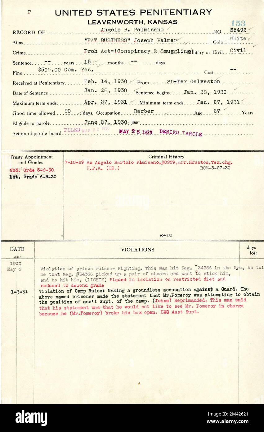Record Sheet for Angelo Palmisano. Bureau of Prisons, Inmate case files ...