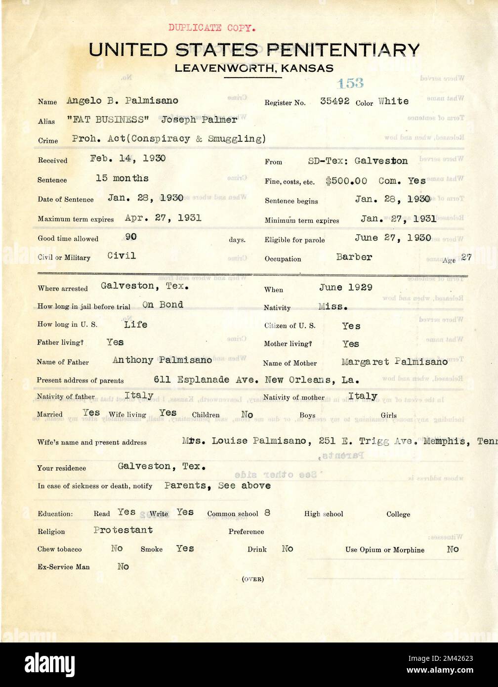 Personal Data Sheet for Angelo Palmisano. Bureau of Prisons, Inmate ...