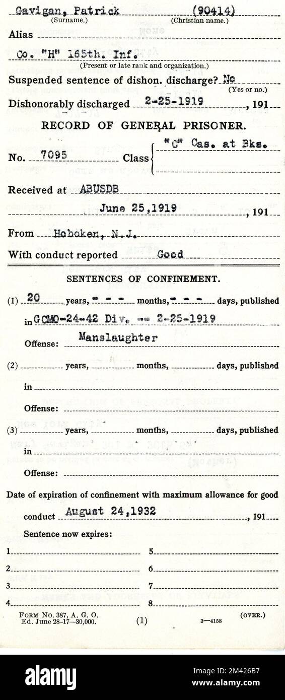 Military Record Sheet for Patrick Gavigan. Bureau of Prisons, Inmate ...