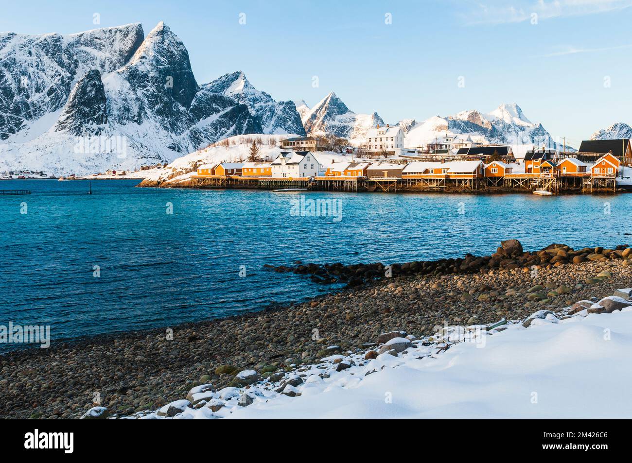 Buildings at waterfront in winter landscape, Norway Stock Photo - Alamy