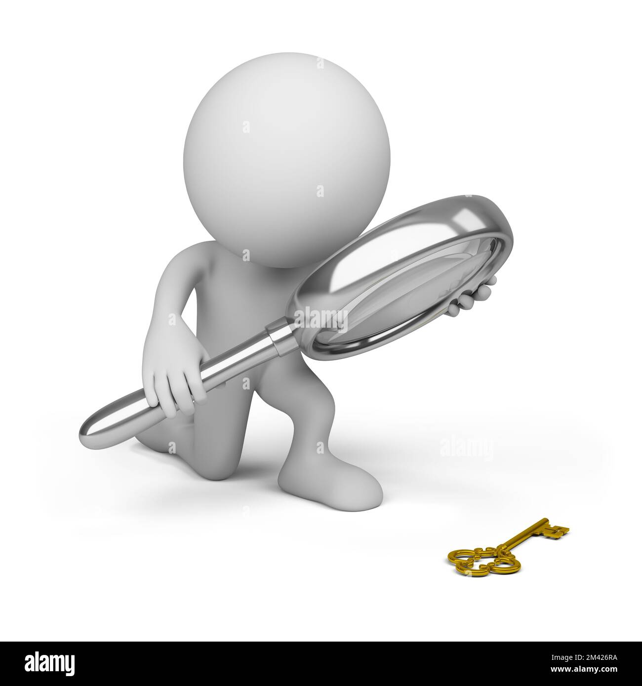 3d person with a big magnifying glass looking at the golden key. 3d ...