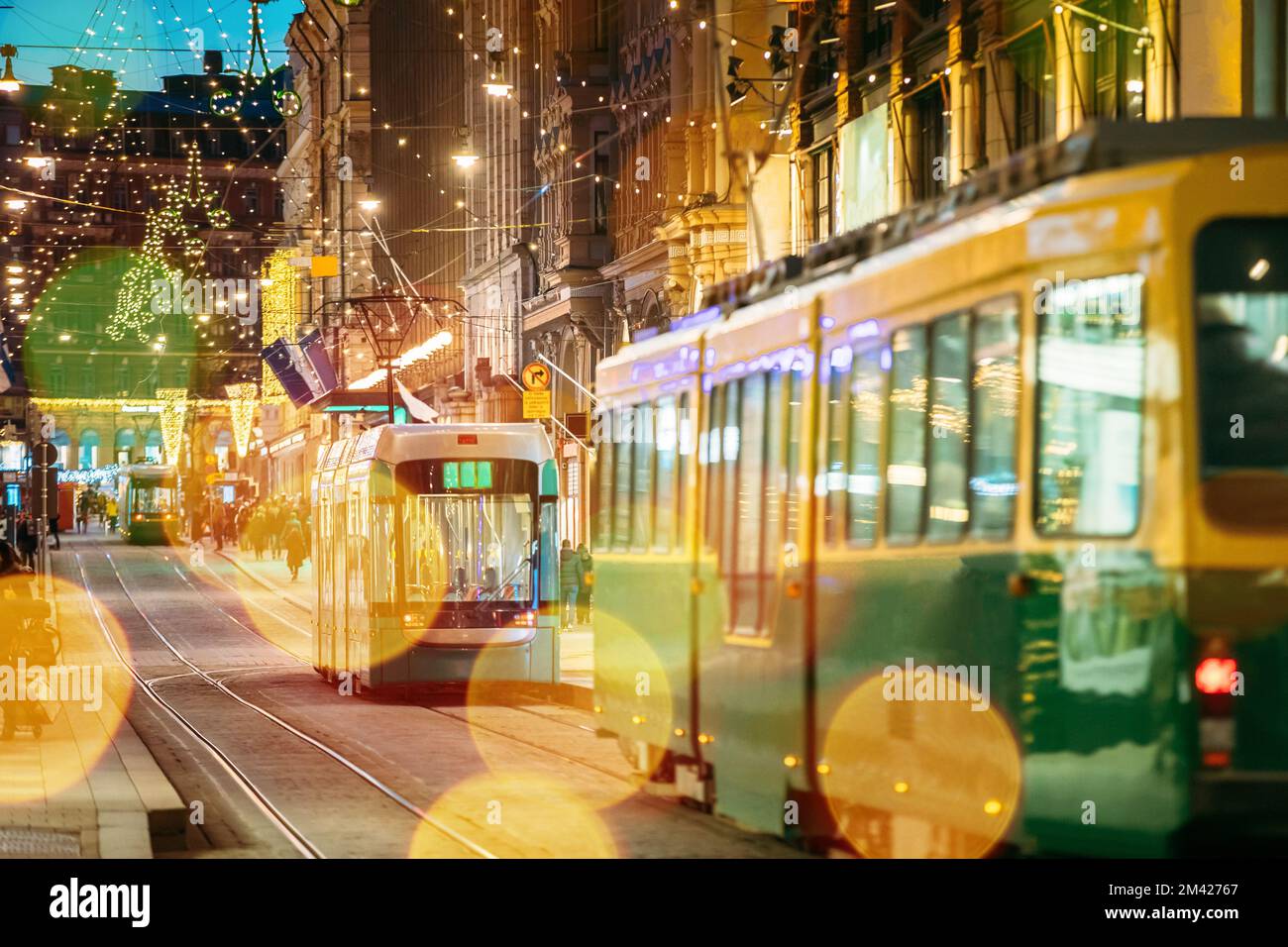 Helsinki, Finland. Bokeh Effect Tram Departs From Stop On ...