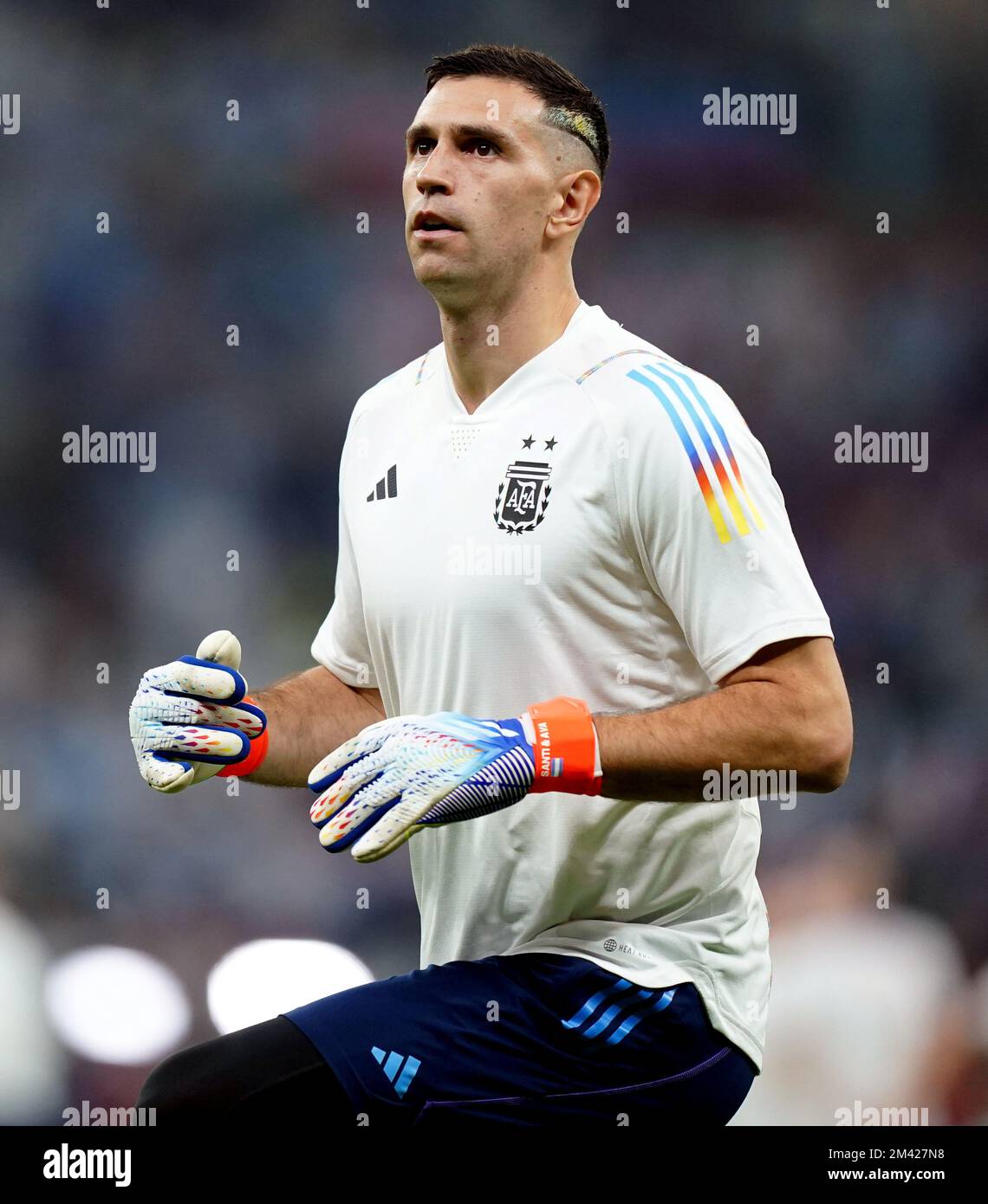 Argentina goalkeeper Emiliano Martinez warms up ahead of the FIFA World ...