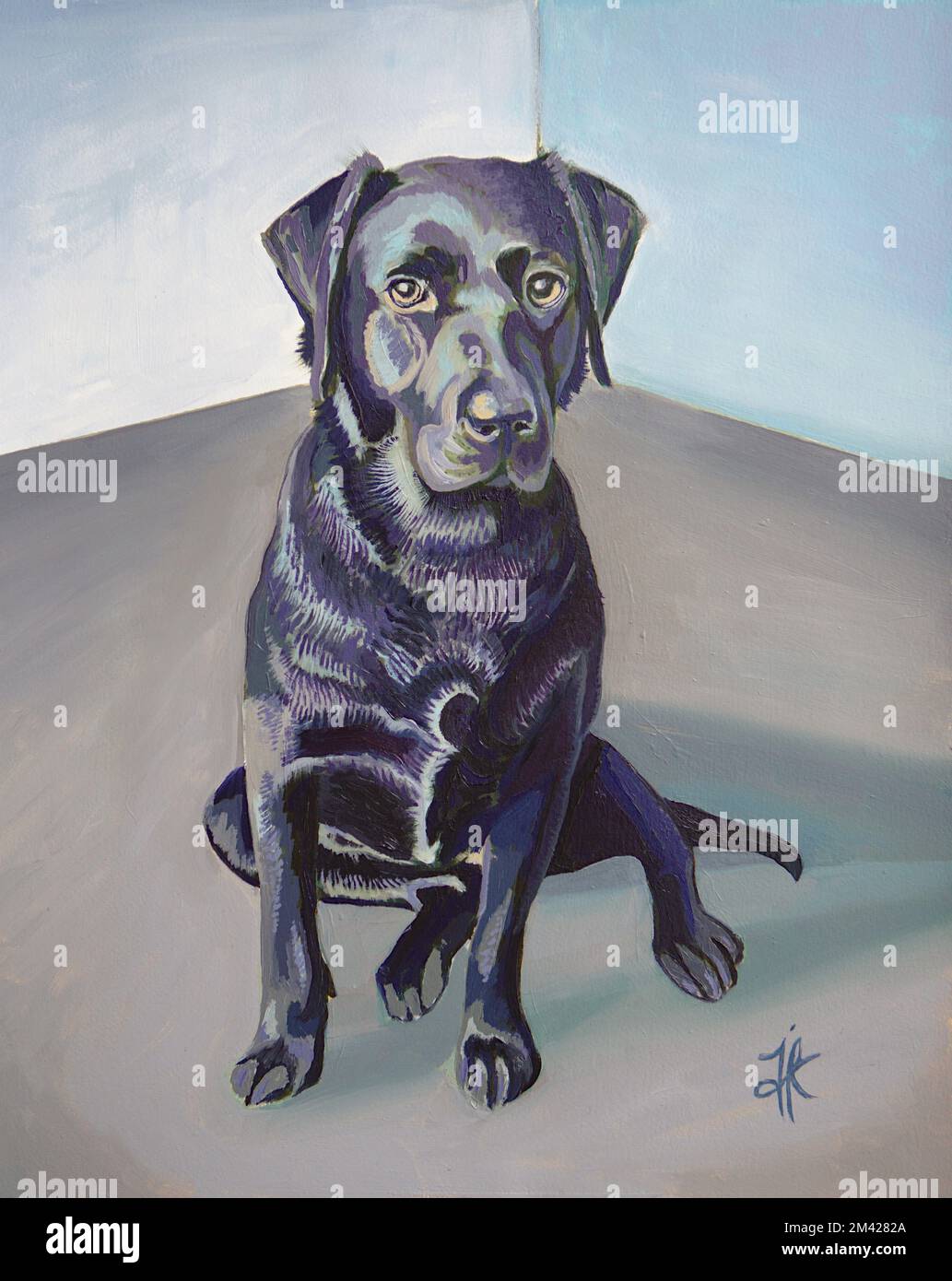 oil painting of black labrador dog in seated position Stock Photo - Alamy