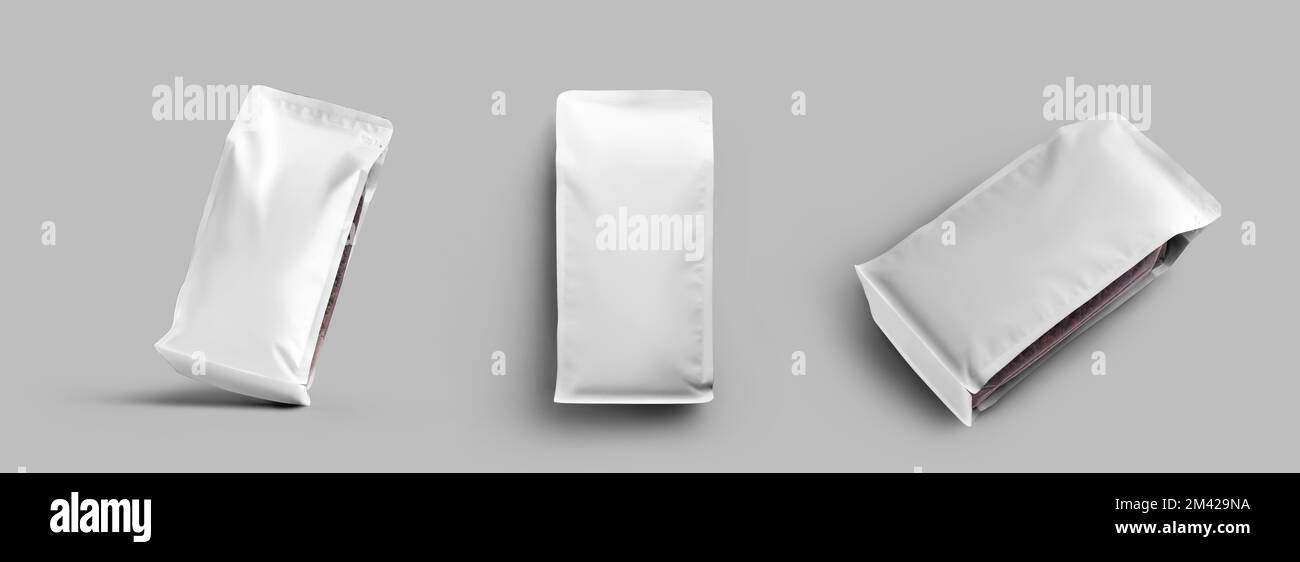 Mockup of white transparent coffee pouch gusset, set of stable bags ...