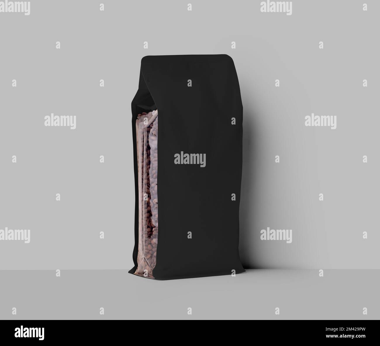 Mockup of a black coffee pouch with transparent inserts, roasted coffee ...