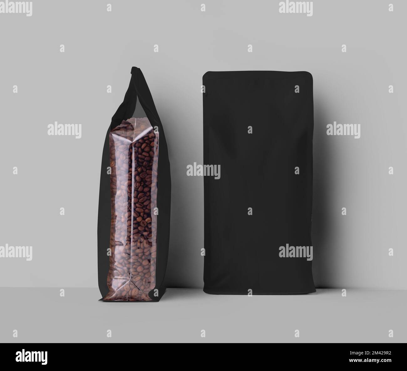 Black coffee pouch mockup, front view, side view, transparent package ...