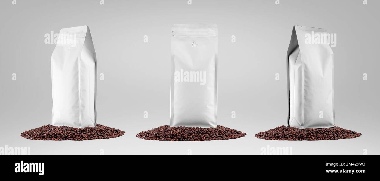 White coffee pouch mockup, presentation on coffee beans, isolated on ...
