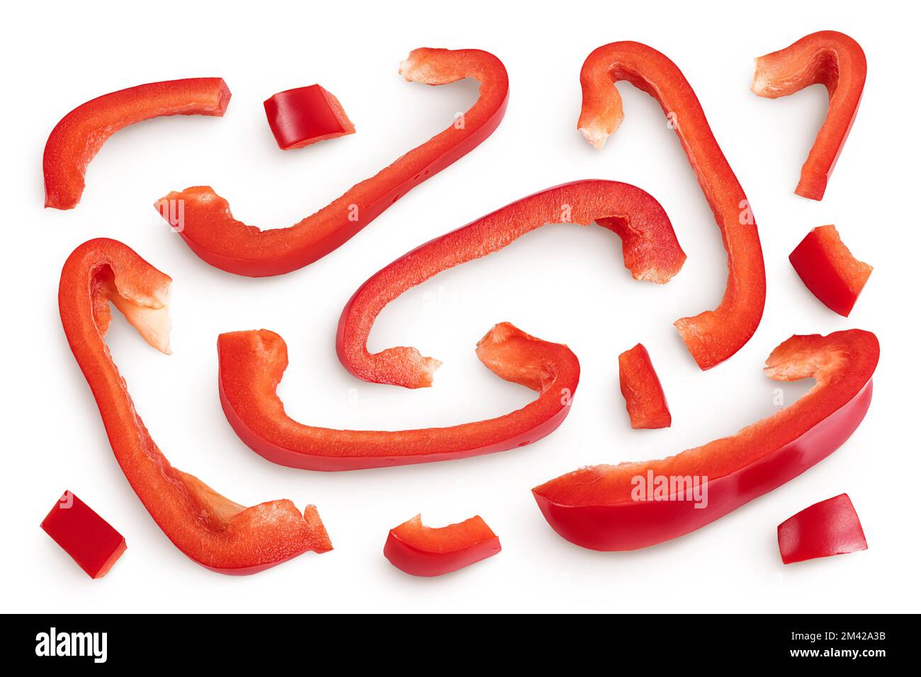 slices of red sweet bell pepper isolated on white background. Top view ...