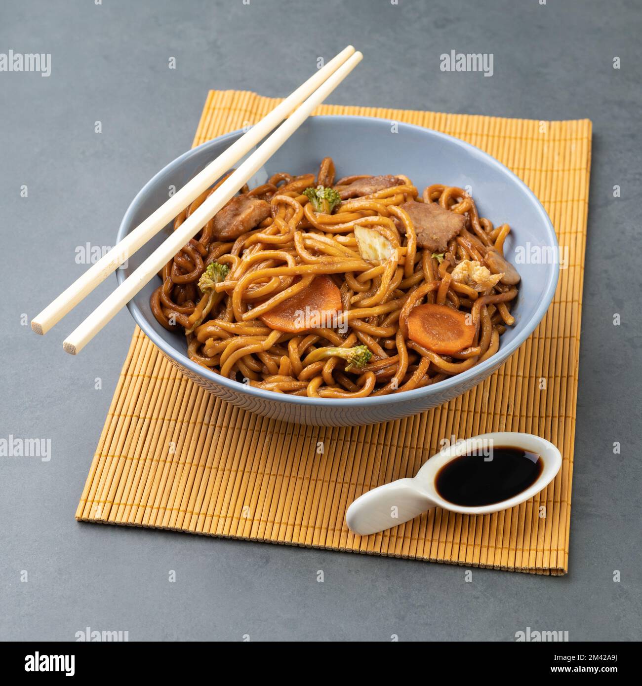 Yakisoba, traditional asian pasta with noodles, meat and vegetables ...