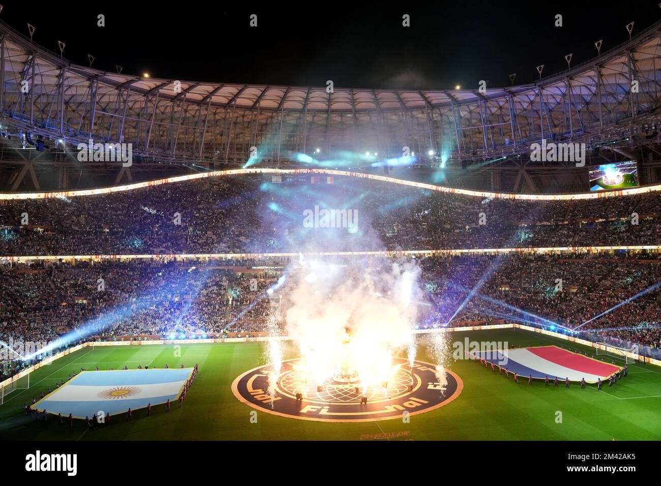 Pyrotechnics are set off prior to the FIFA World Cup final at Lusail Stadium, Qatar. Picture ...