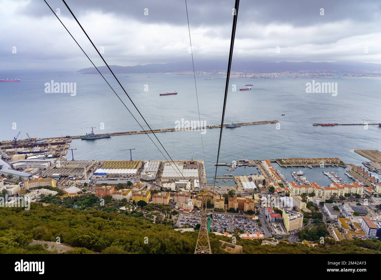Panoramic view of the bay of Gibraltar from the cable car that takes ...