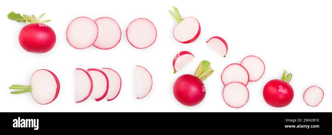 fresh whole and sliced radishes isolated on white background with copy ...