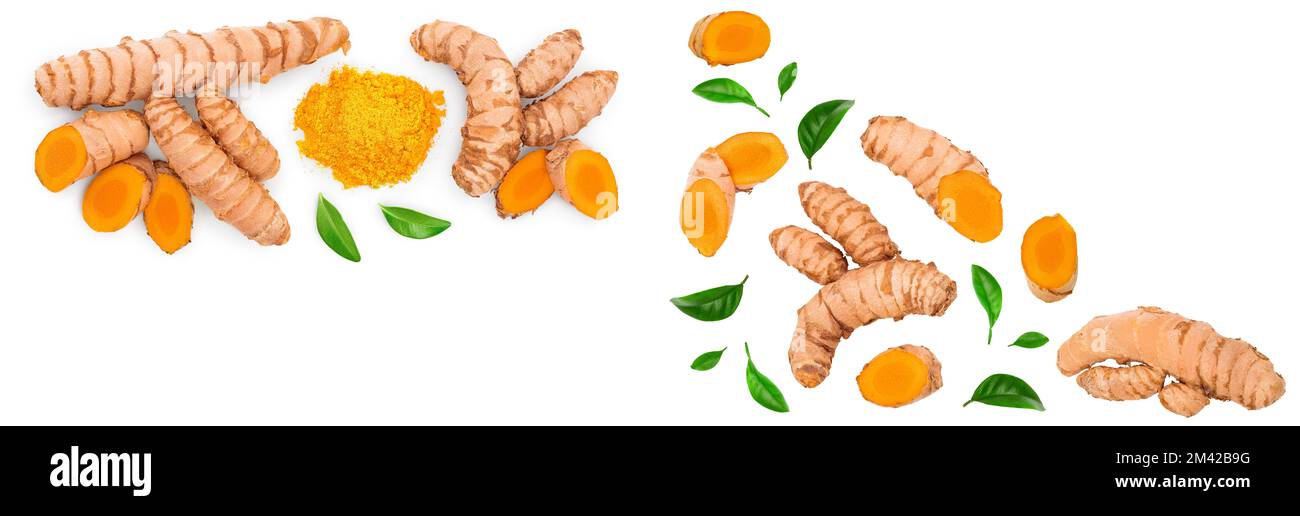 turmeric root and slices isolated on white background with copy space ...