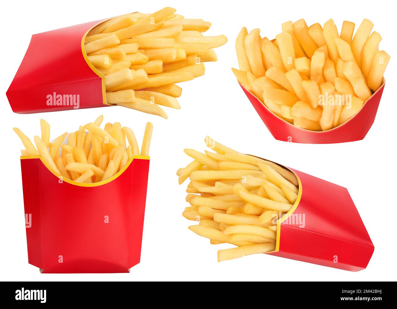 French fries or fried potatoes in a red carton box isolated on white ...