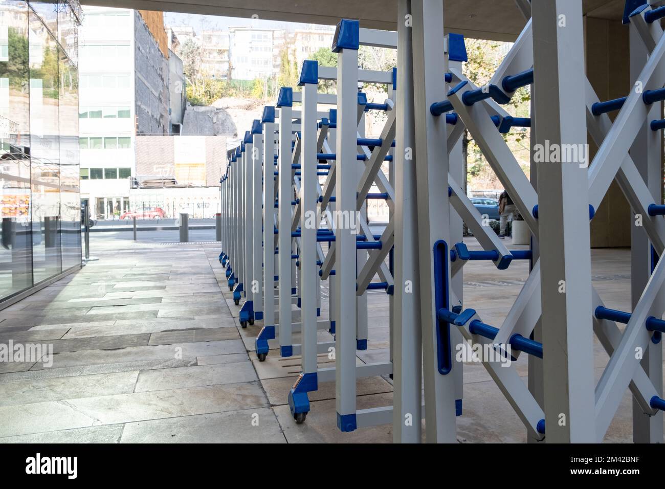 Stainless steel electric accordion barrier. Portable barrier Stock ...