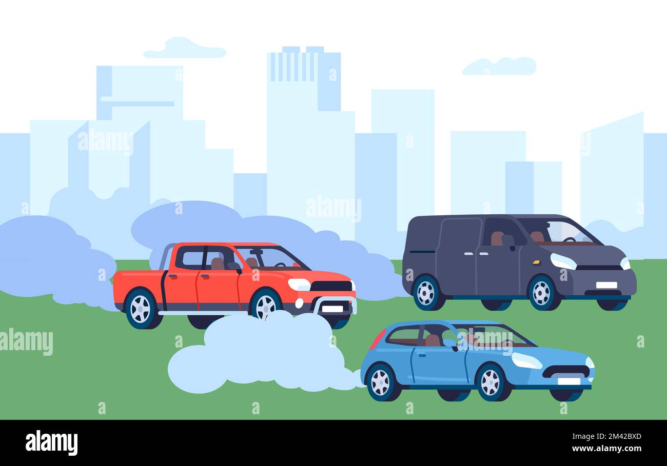 Automobile air pollution. Exhaust gases from cars traffic in city ...