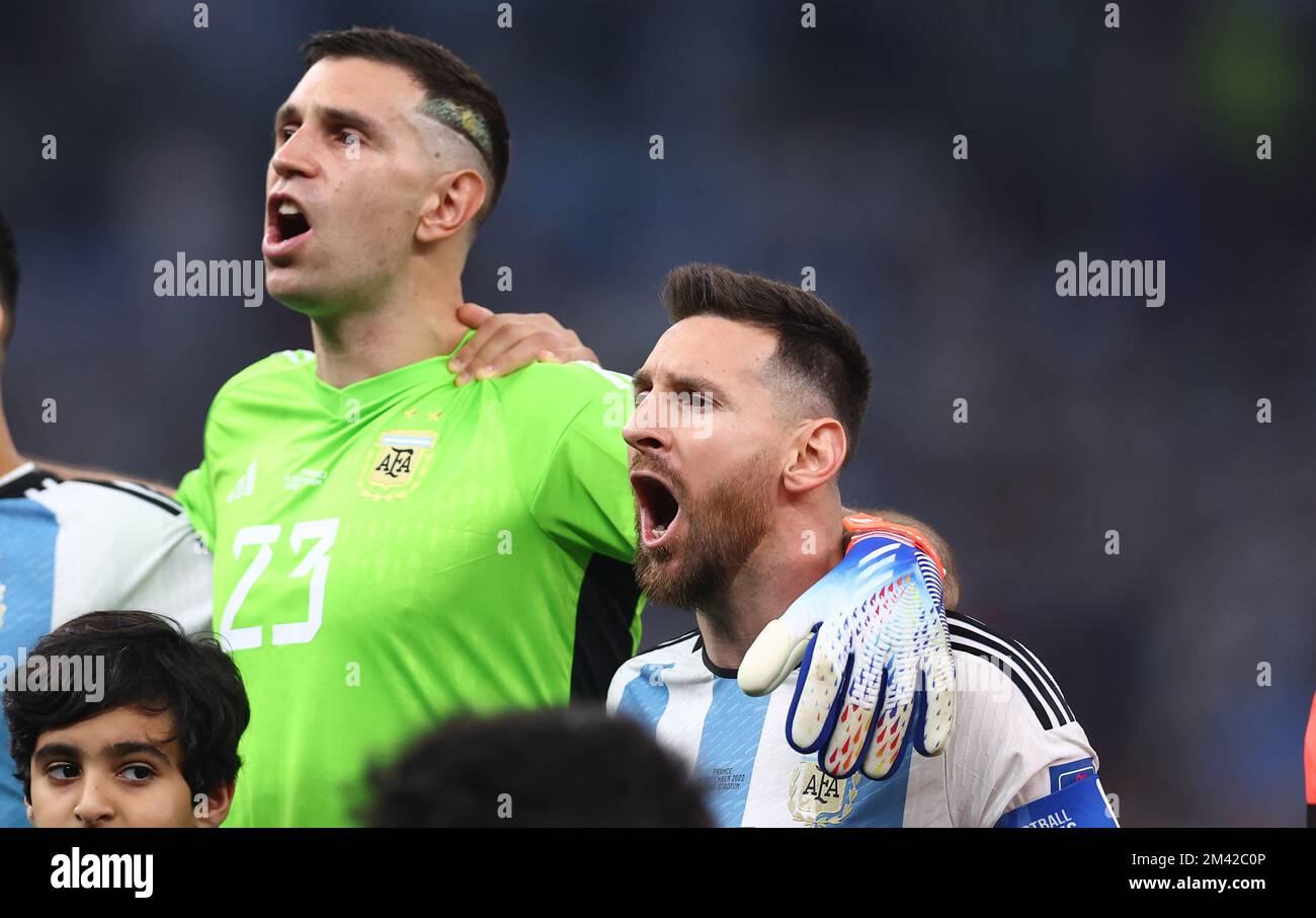 Doha, Qatar, 18th December 2022. Lionel Messi of Argentina sings the ...