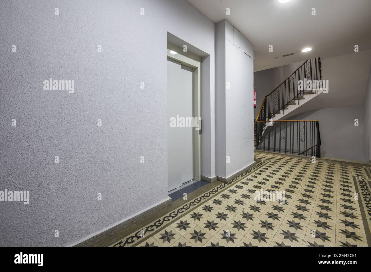 Landing of an urban residential housing building with stairs with ...