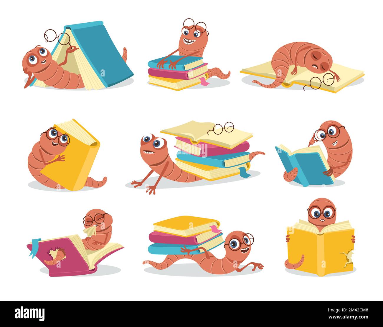 Cartoon funny book worm. Smart little caterpillar. Well read character ...