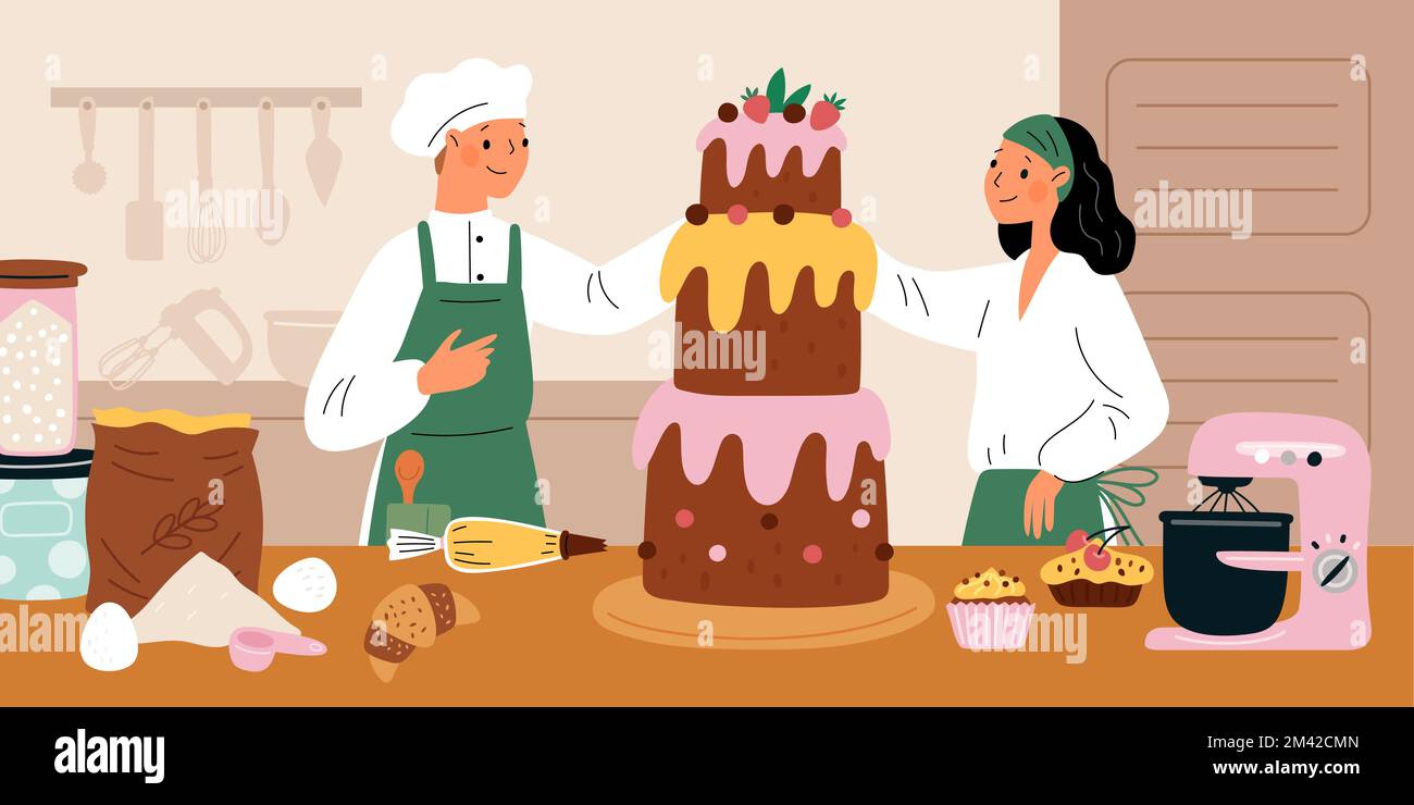 Confectioners at work. Wedding dessert creating process. Man and woman ...