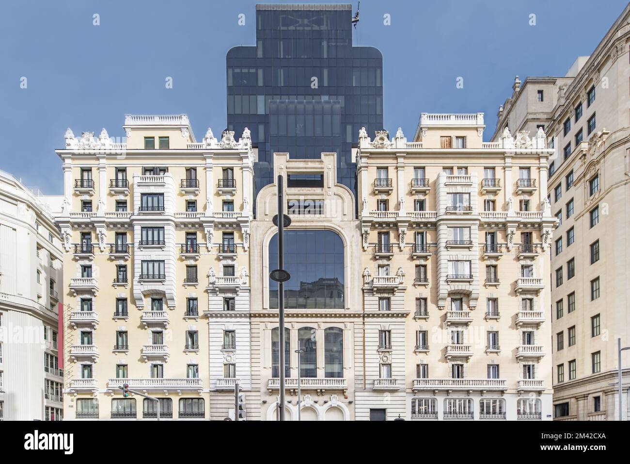Facades of stately buildings in the Gran Vía of Madrid in Spain Stock ...