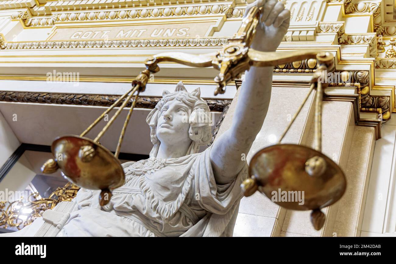 Hamburg, Germany. 13th Dec, 2022. A figure of Justitia (allegory of ...