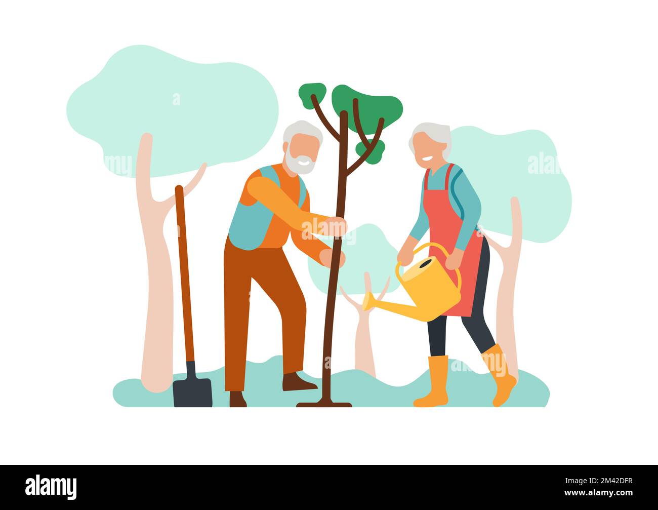 Elderly people planting tree. Senior family in garden. Grandparents ...