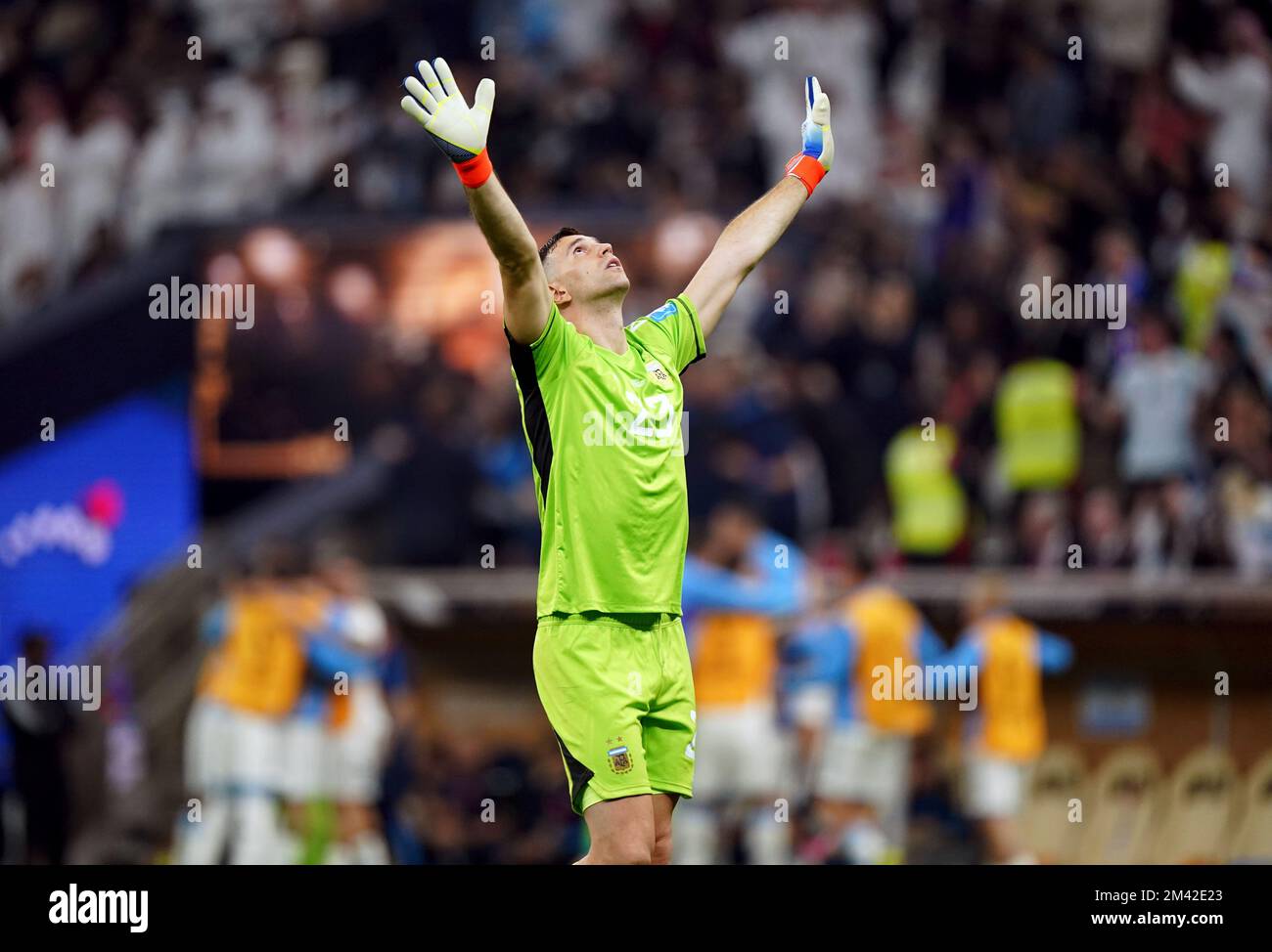 Argentina goalkeeper Emiliano Martinez celebrates the opening goal ...