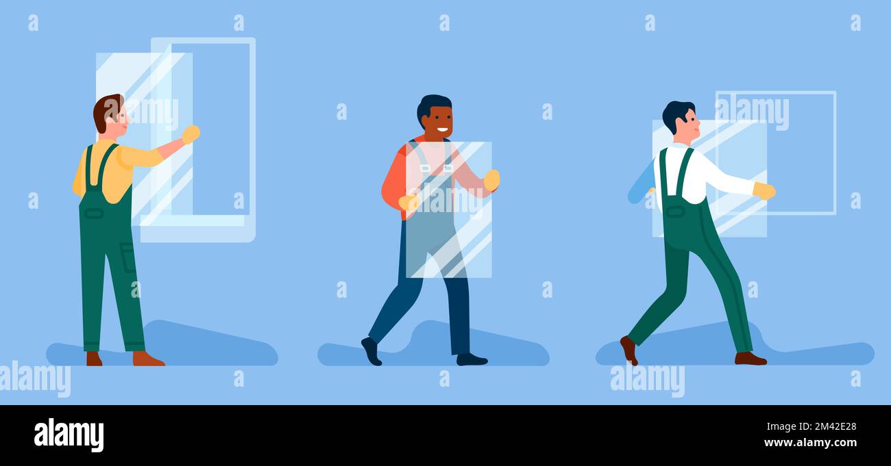 Glass industry workers install window. Construction installation ...