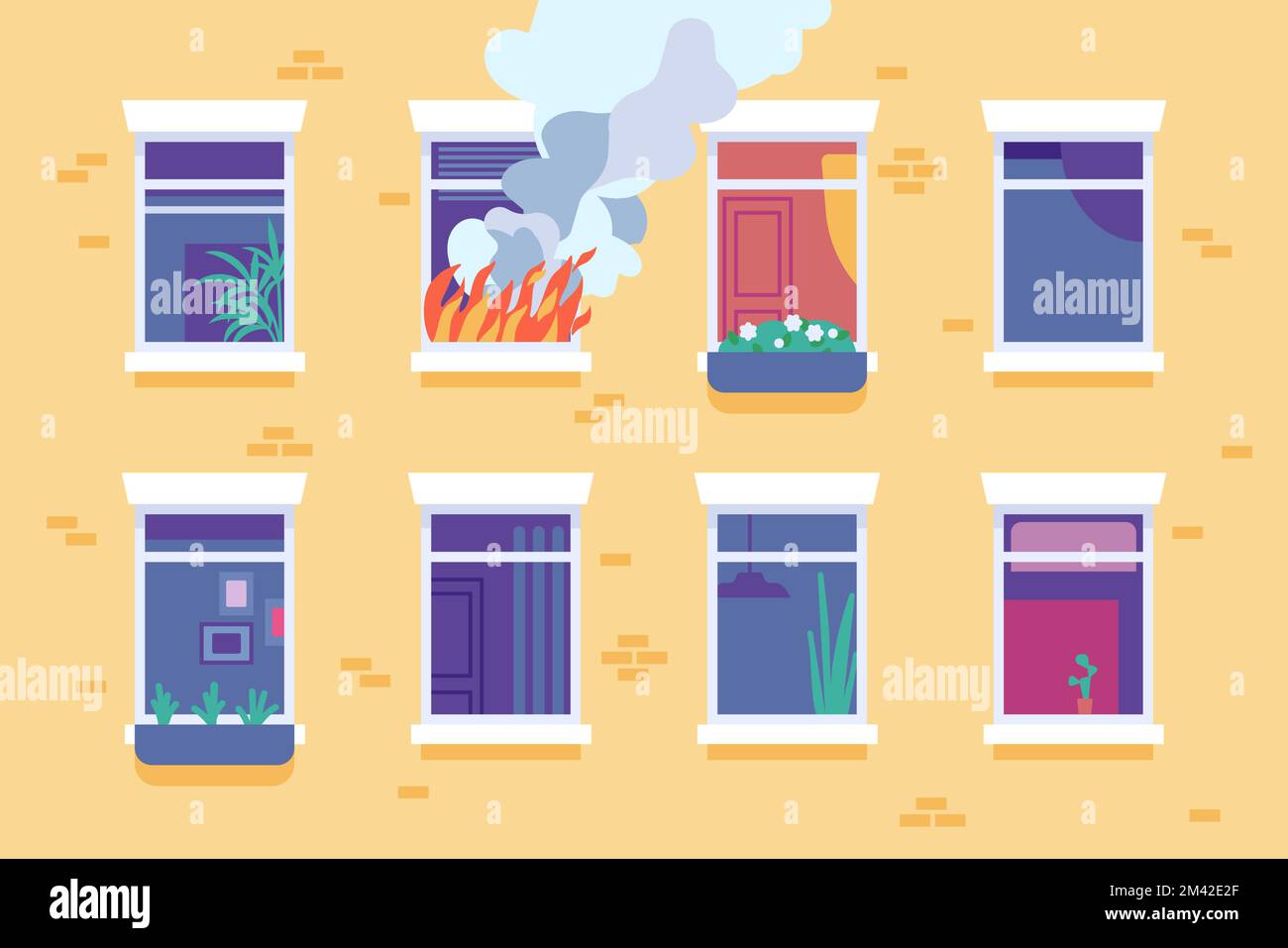 House fire. Window with burning flames and smoke on front of ...