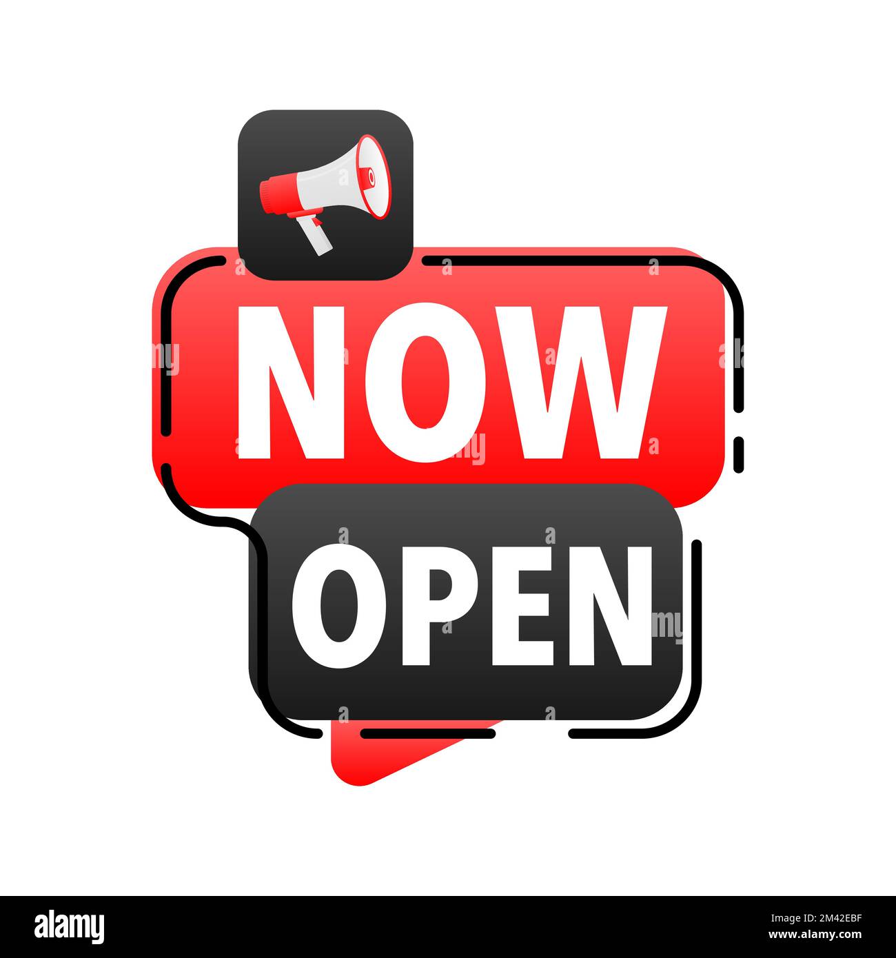 Now open Announcement Megaphone Label. Loudspeaker speech bubble Stock ...