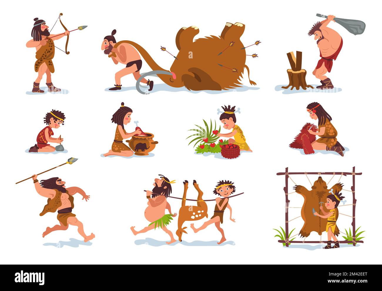 Prehistoric stone age people. Mammoth hunting. Caveman or cavewoman ...