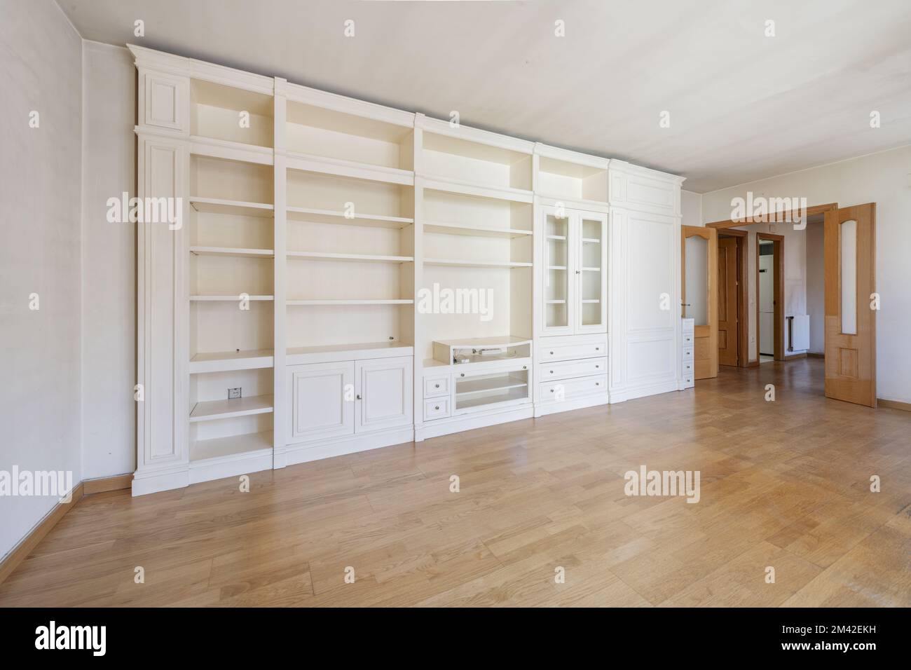 Empty living room with white lacquered wooden bookcase with glass ...