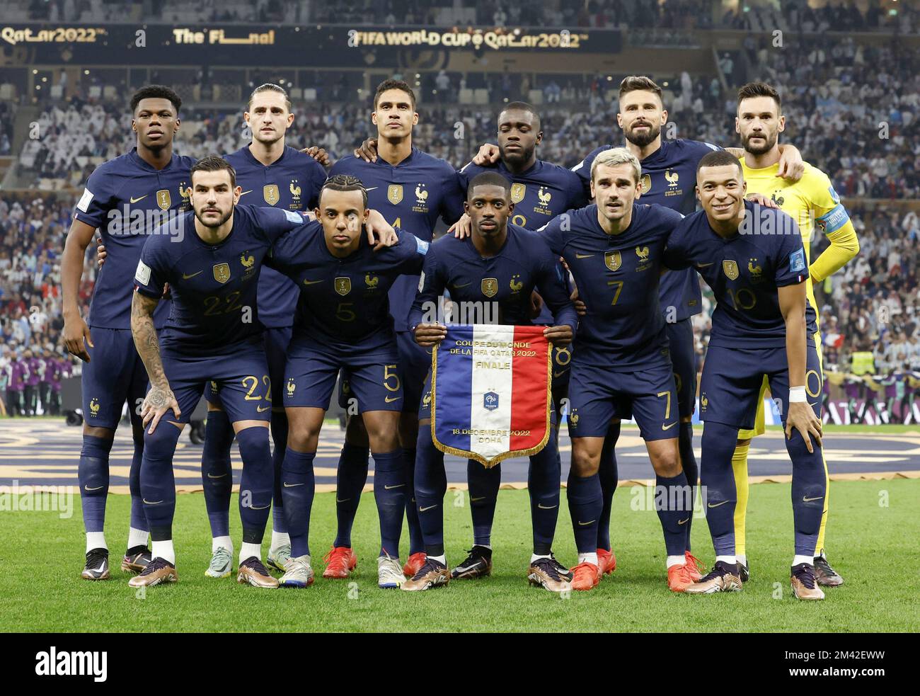 Lusail, Qatar, on Dec. 18, 2022. France's starting XI pose for a team ...