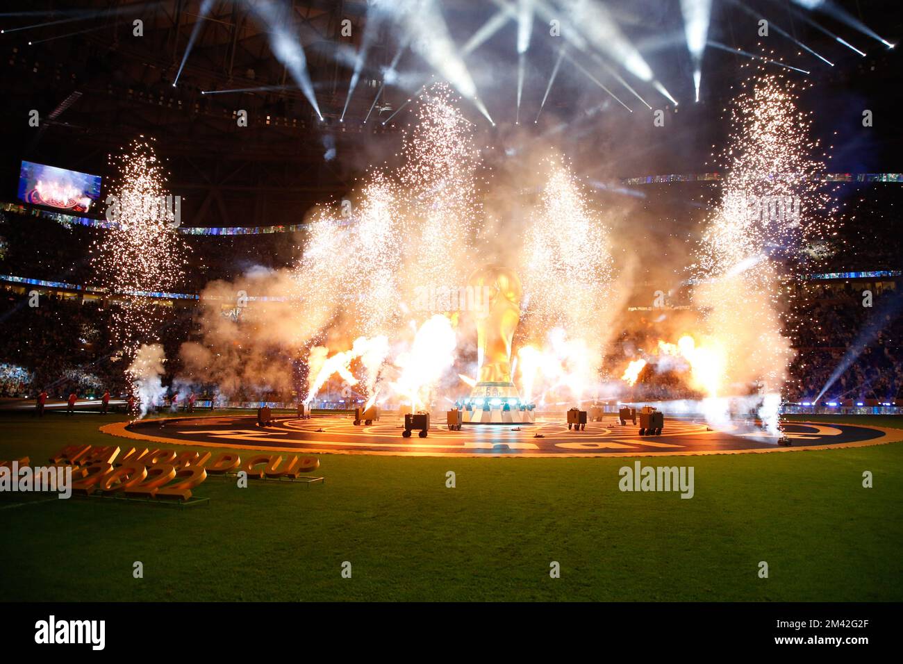 Doha, Qatar. 18th Dec, 2022. The World Cup Trophy is put on display on ...