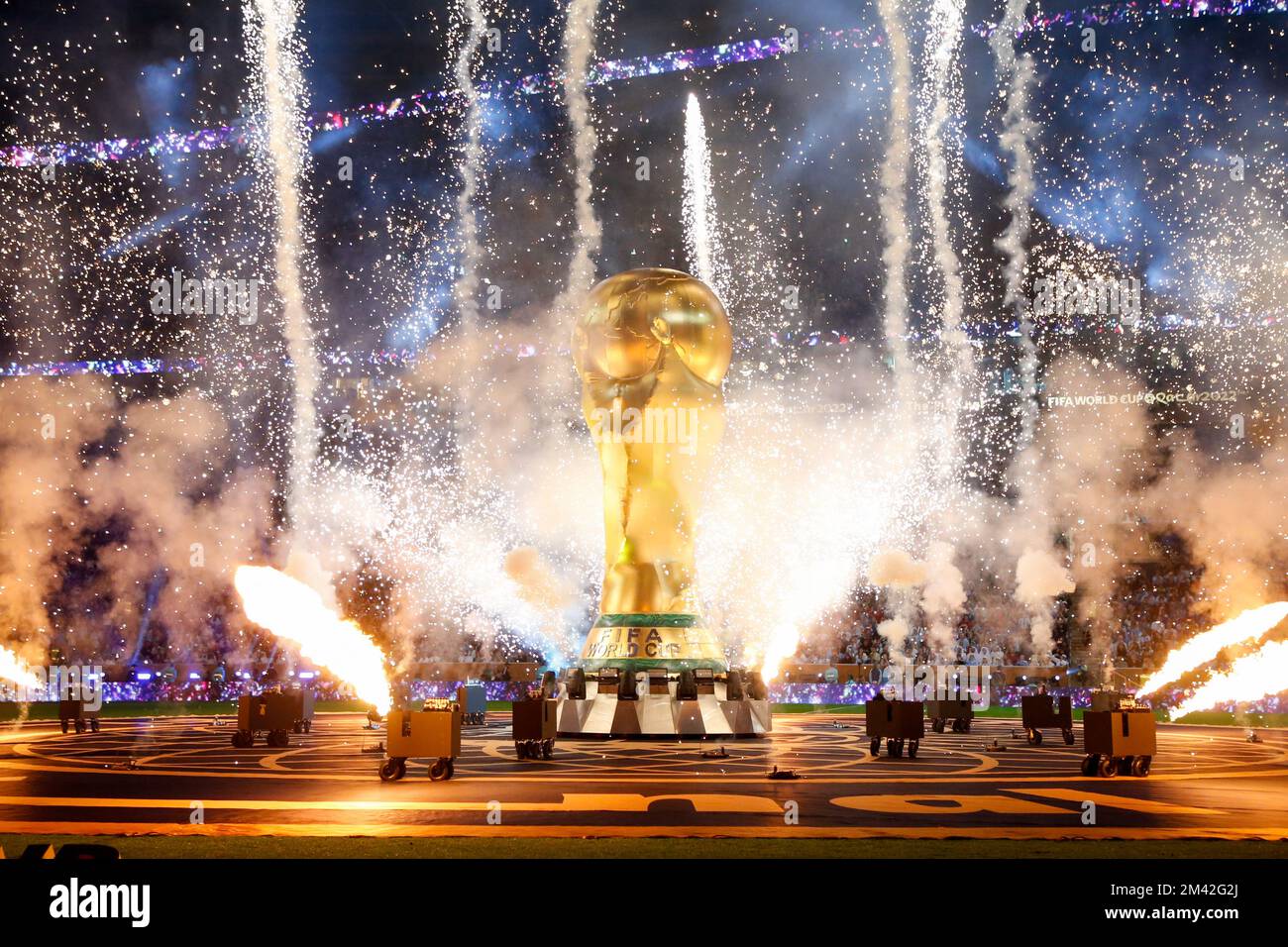 Doha, Qatar. 18th Dec, 2022. The World Cup Trophy is put on display on ...