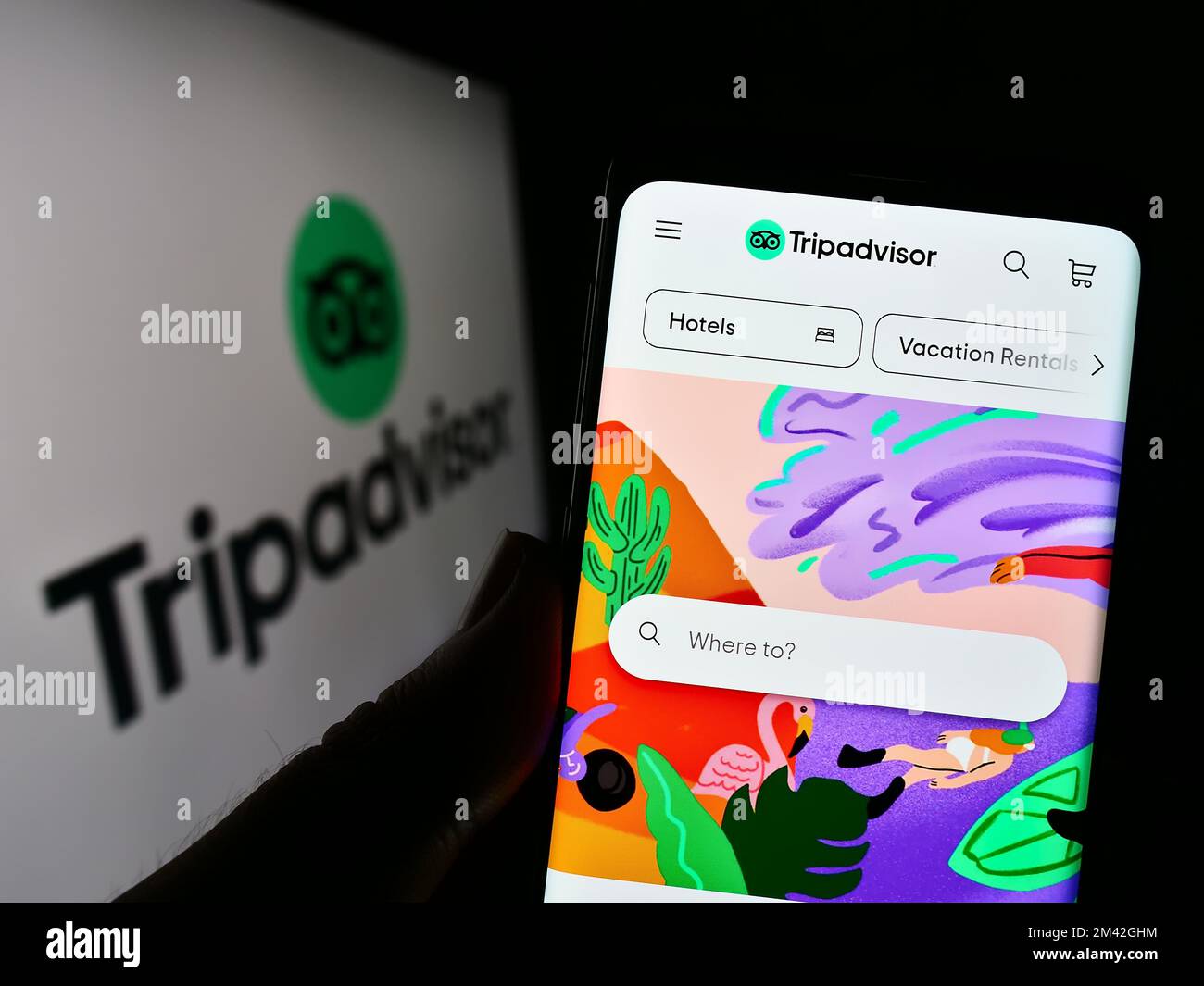 Person holding cellphone with website of US travel company Tripadvisor ...