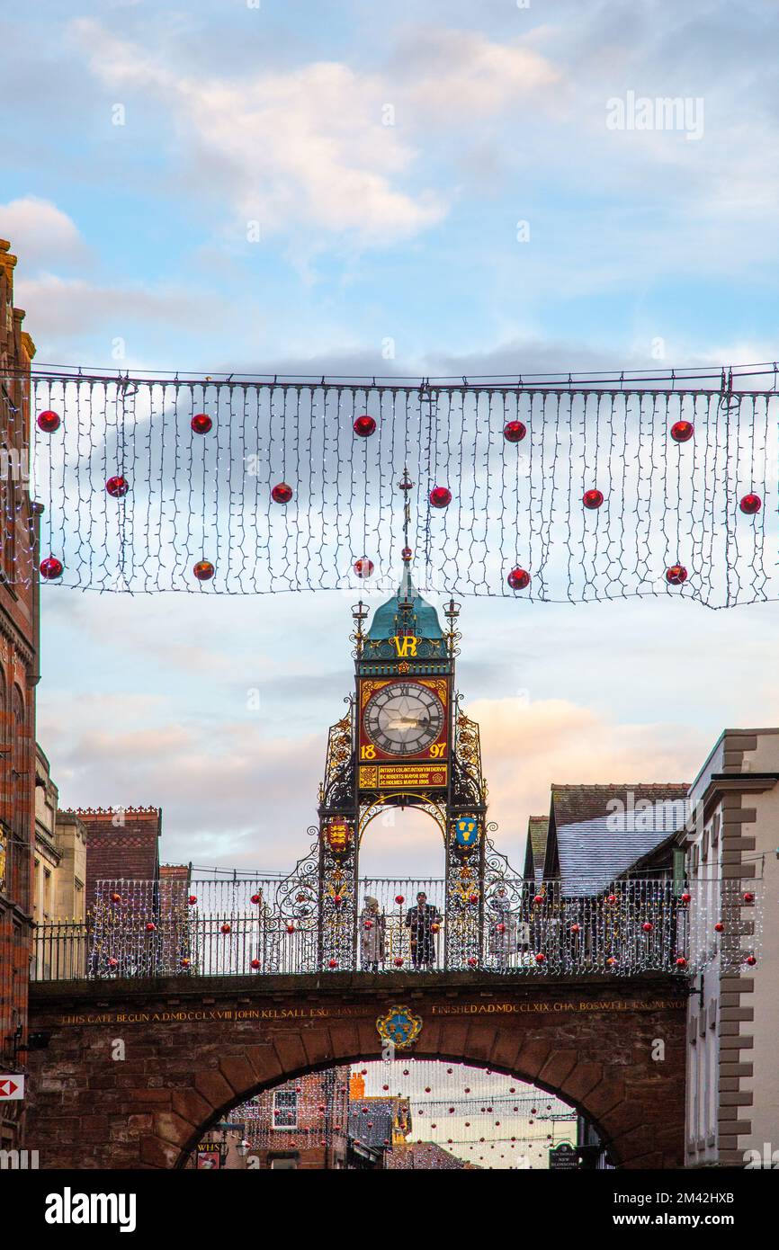 View of the Victorian Eastgate clock and clock tower standing the Roman ...