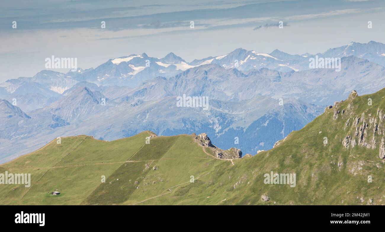 Wide view on the Seceda area with the Italian Austrian border Alps in ...