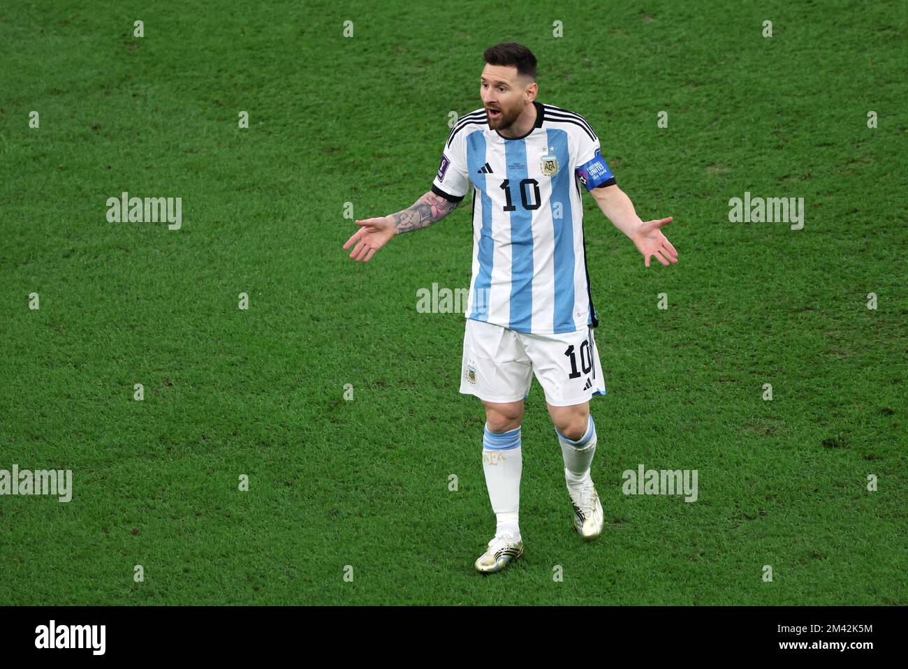 LUSAIL CITY, QATAR - DECEMBER 18: Lionel Messi of Argentina gestures ...
