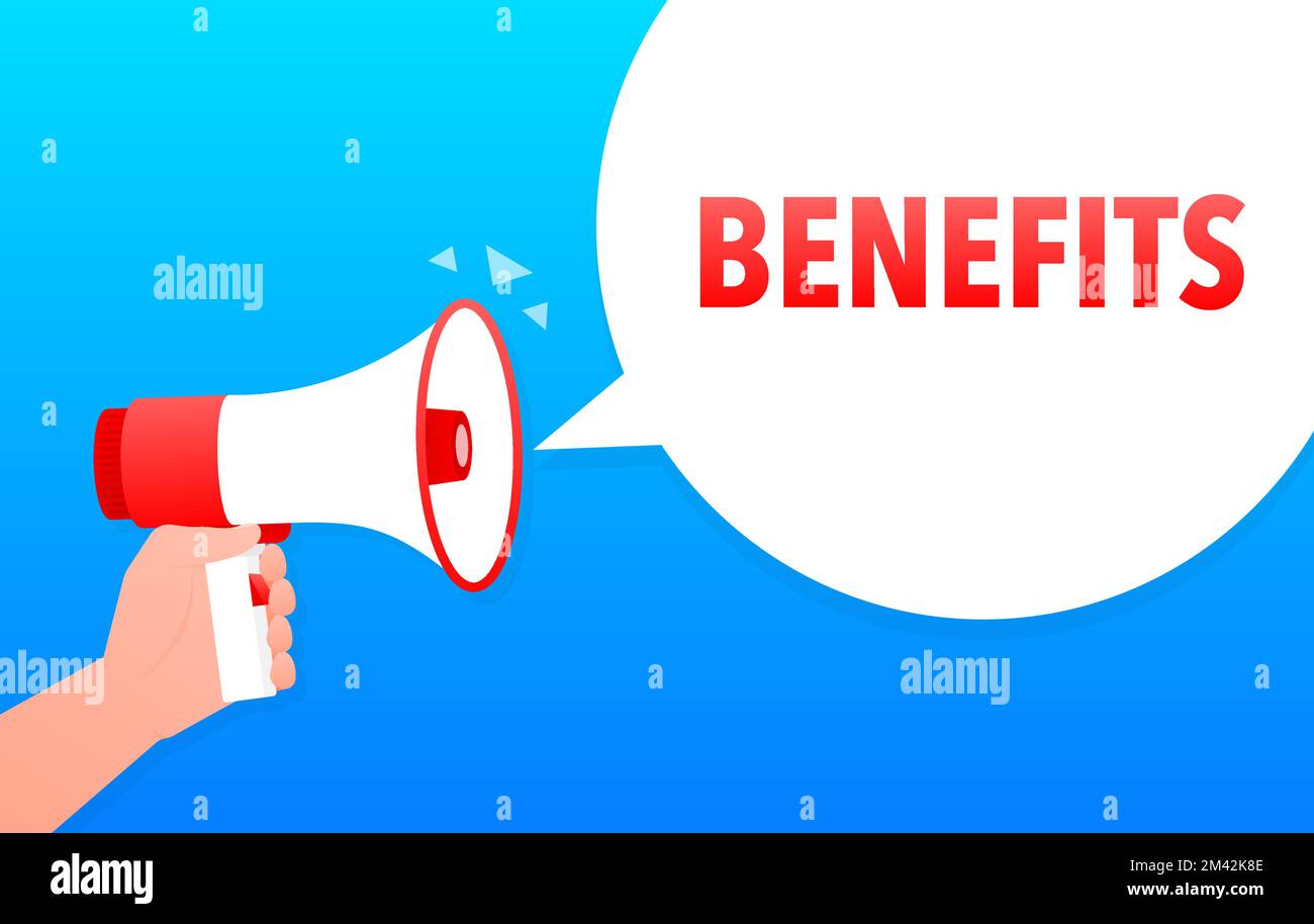 Benefits Announcement Megaphone Label. Loudspeaker speech bubble Stock Vector Image & Art - Alamy