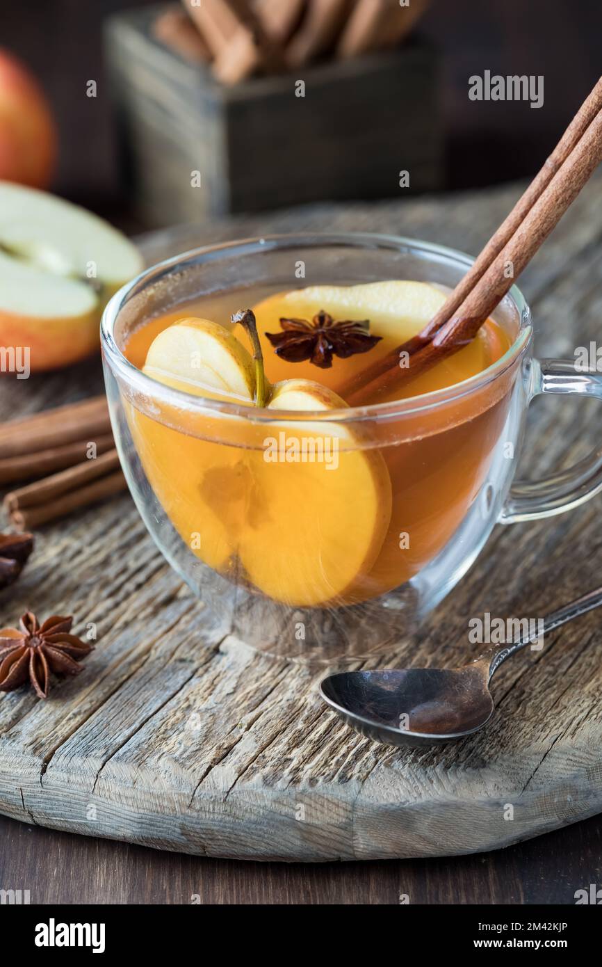 A tea cup filled with homemade mulled apple cider, ready for drinking ...